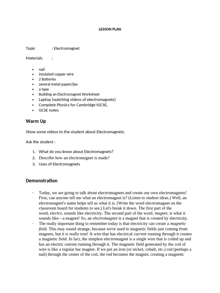 LESSON PLAN (Electromagnet) | PDF | Magnet | Wire