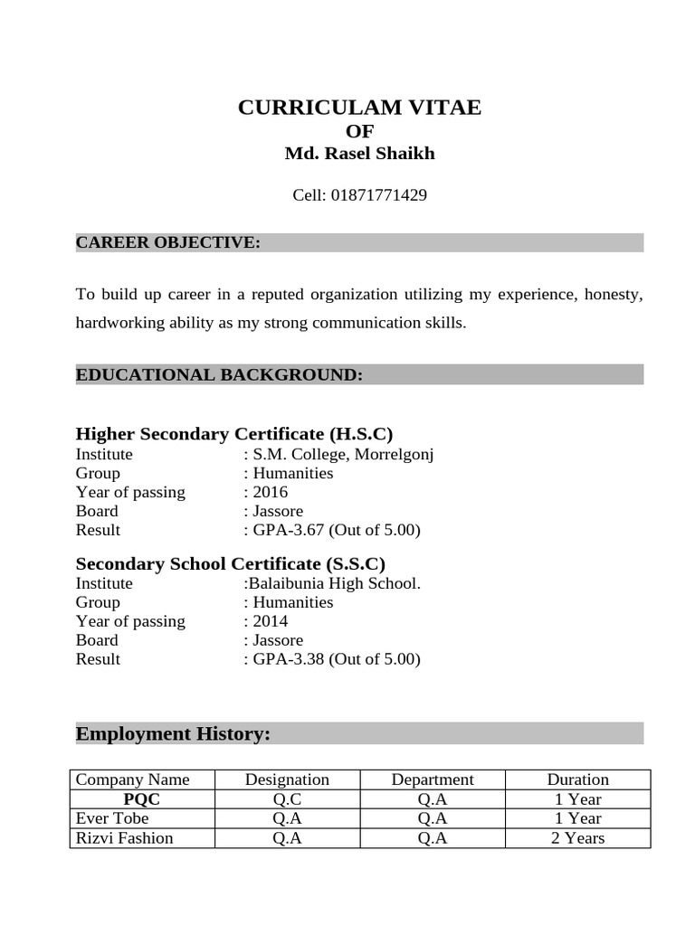 Curriculam Vitae: Md. Rasel Shaikh | PDF