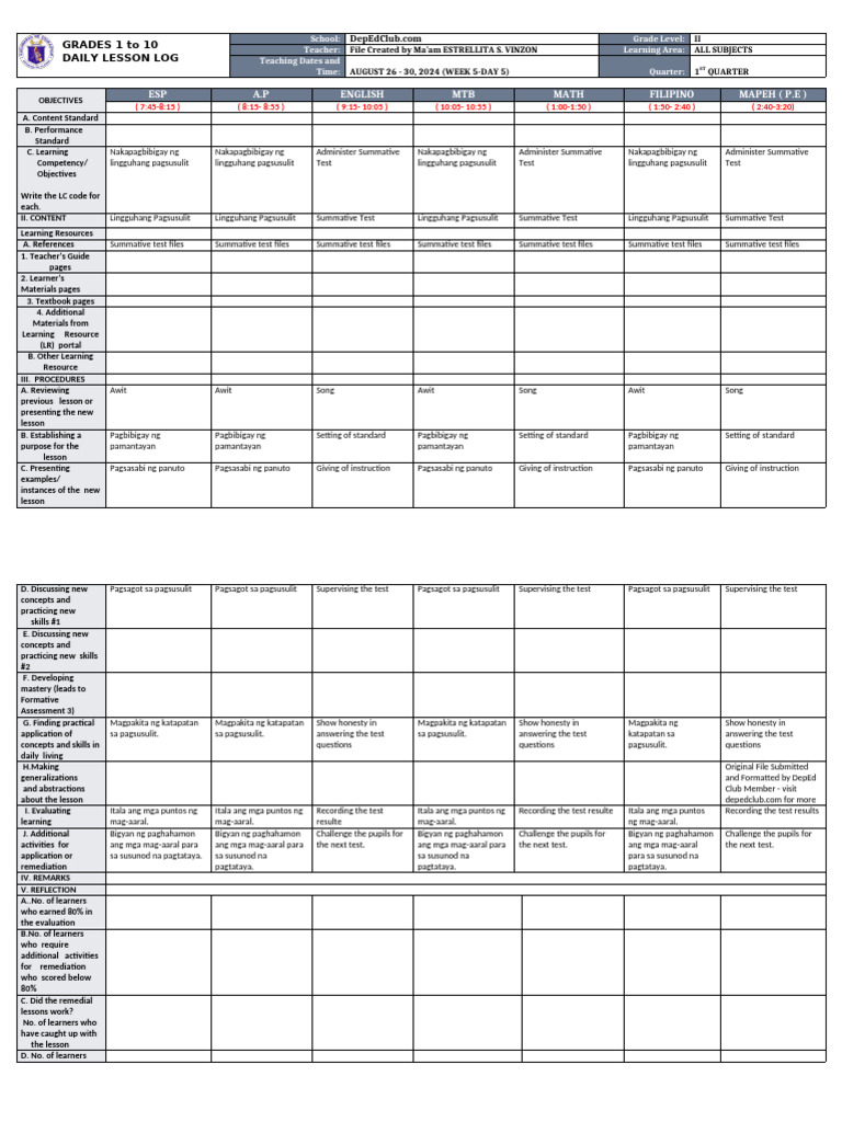 DLL All-Subjects-2 Q1 W5 D5 | PDF | Human Communication | Pedagogy