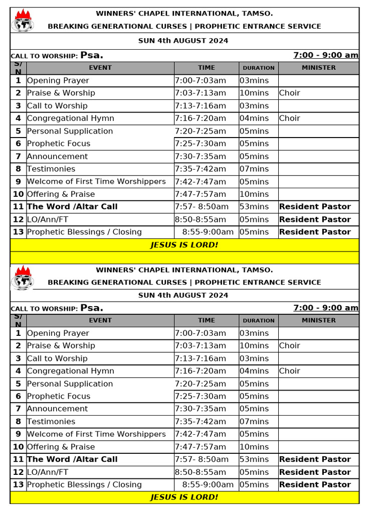 Sunday Schedule - (Sun 4th August 2024) (1) 073210 | PDF | Worship | Altar