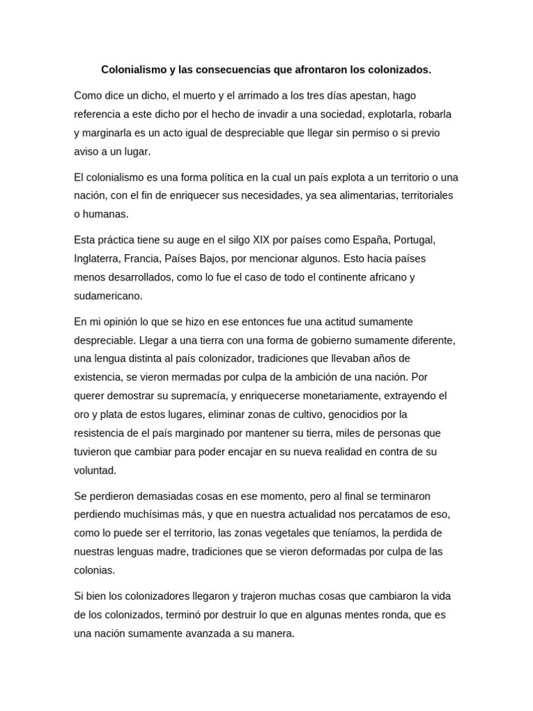 Colonialismo y Las Consecuencias Que Afrontaron Los Colonizados | PDF