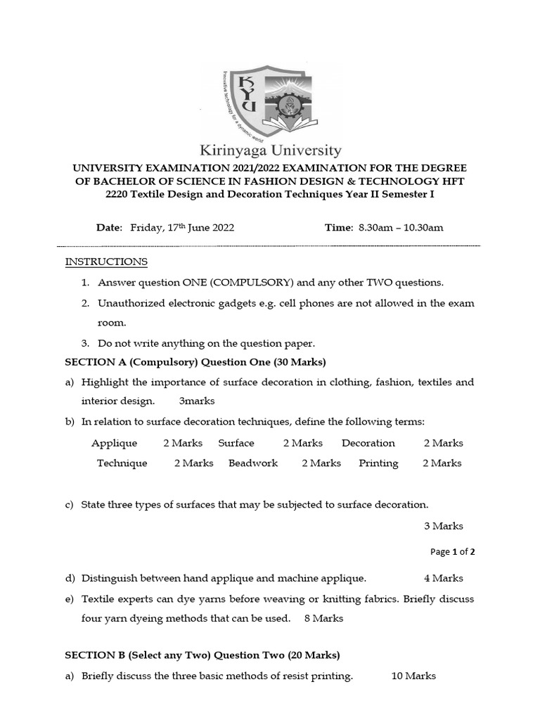 2220 Textile Design and Decoration Techniques Year II Semester I | PDF ...