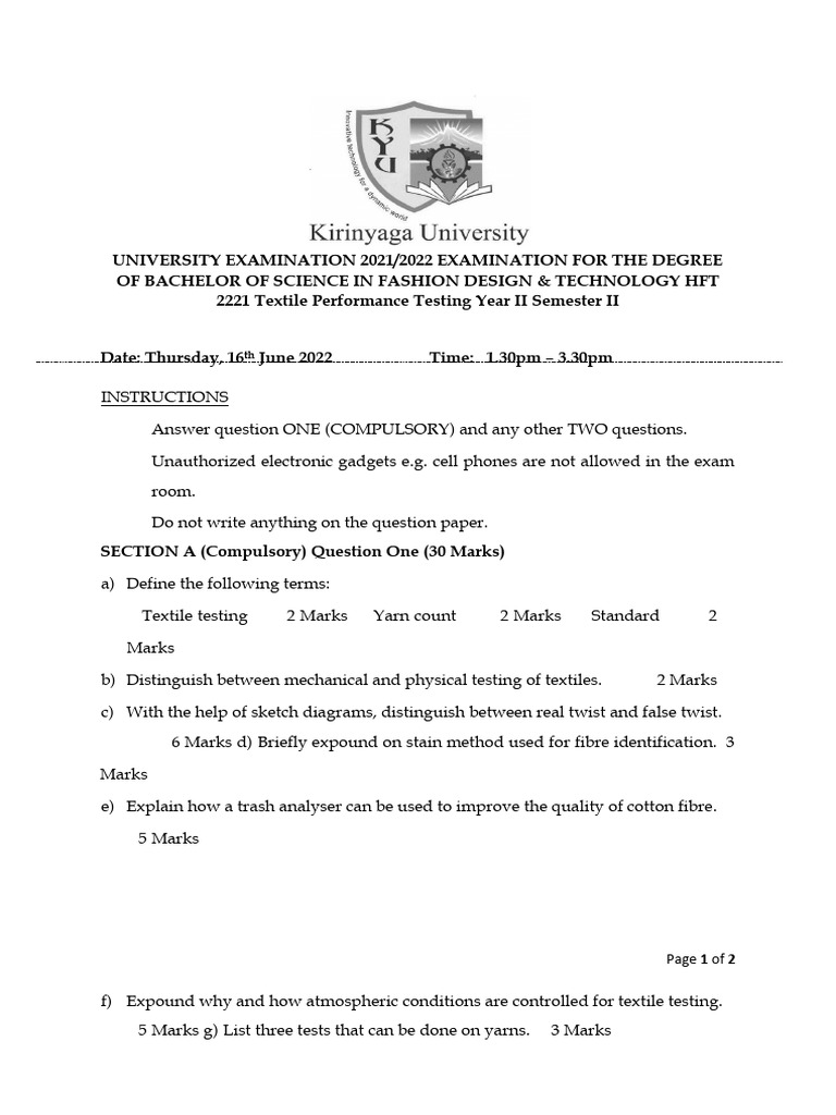 Textile Testing Exam Guide | PDF | Textiles | Secondary Sector Of The ...