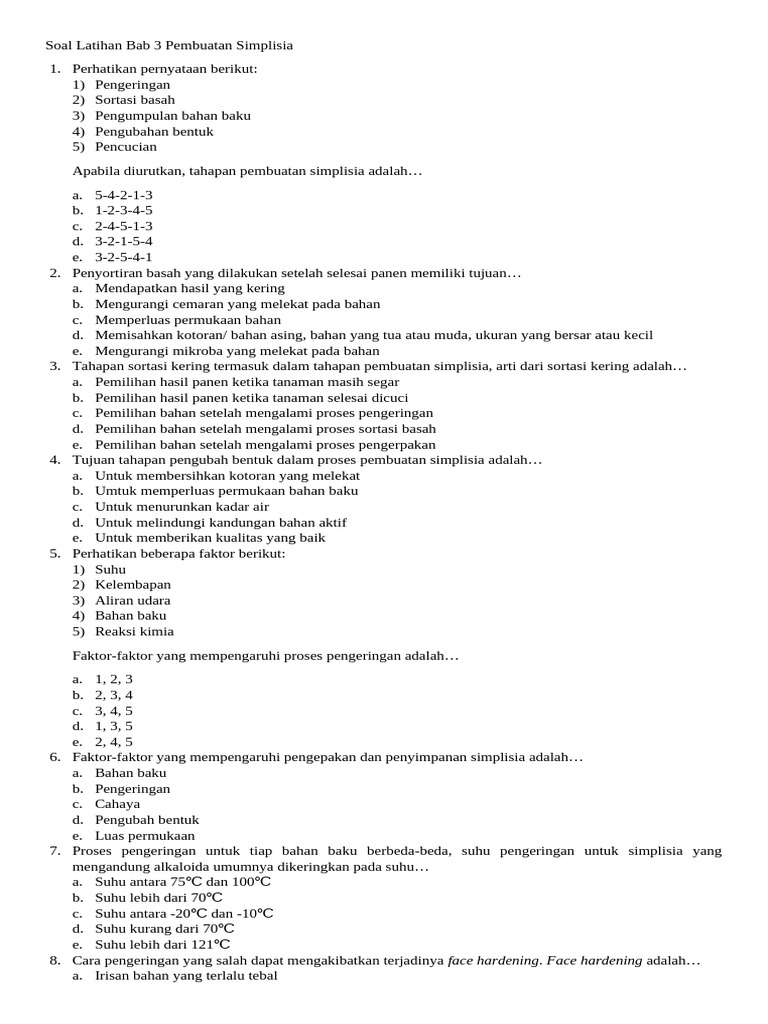 Soal Latihan Bab 3 Pembuatan Simplisia | PDF
