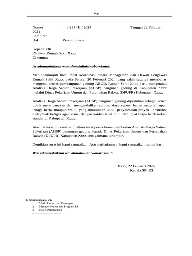 Draft Surat Permohonan SPI AHSP DPUPR | PDF