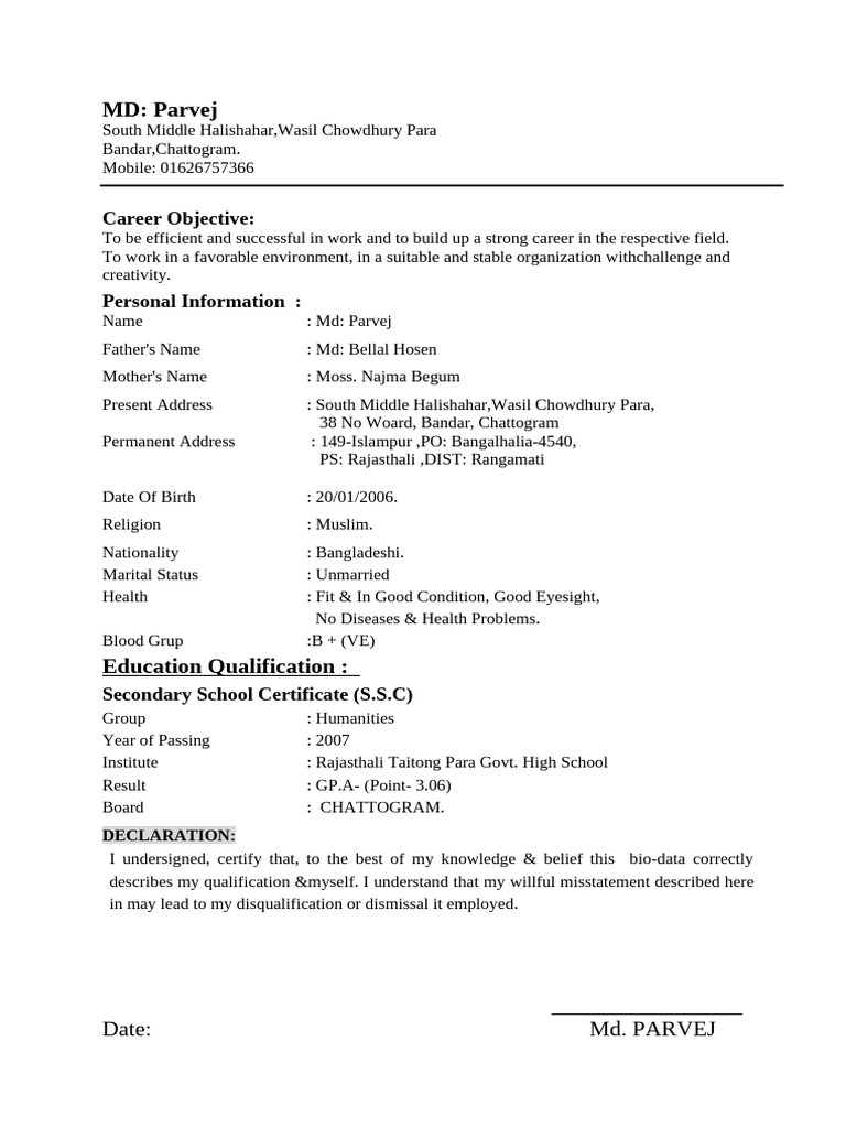 CV OF MD Parvej | PDF