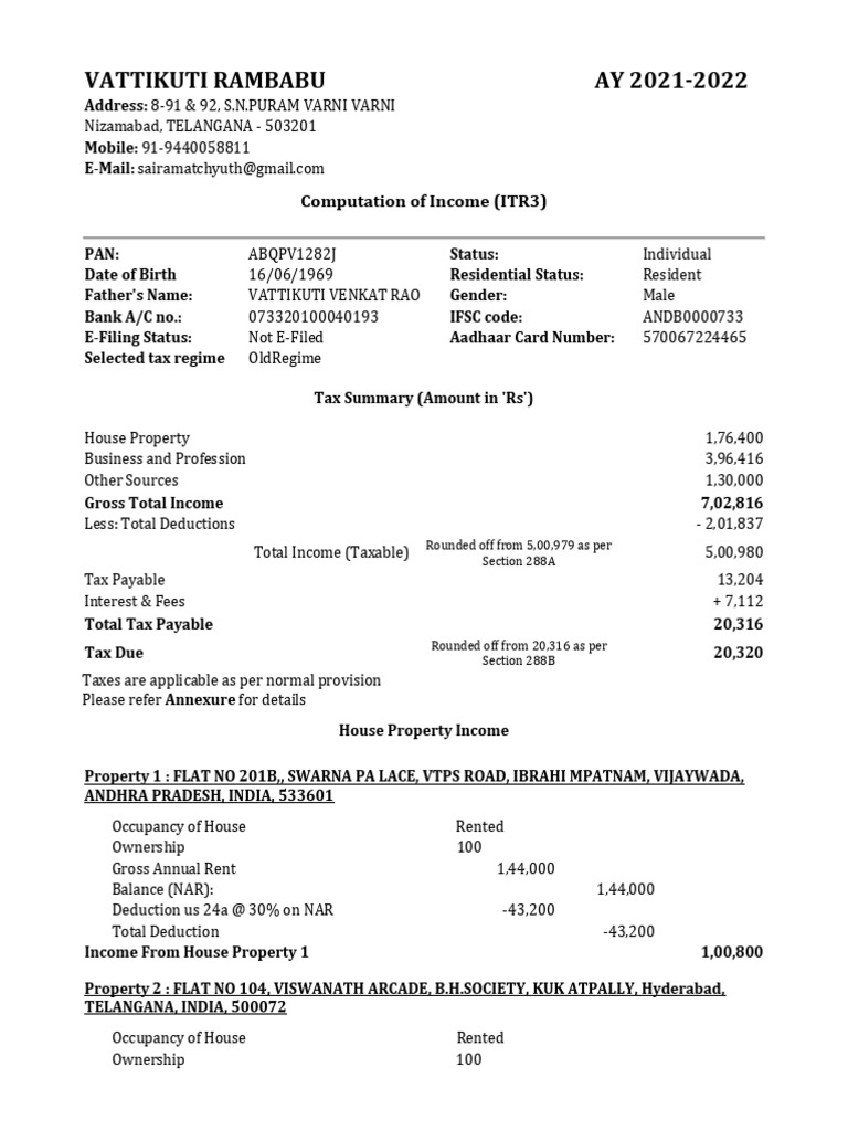 Vattikutti Rambabu Computation Ay 21-22 | PDF | Taxes | Tax Deduction