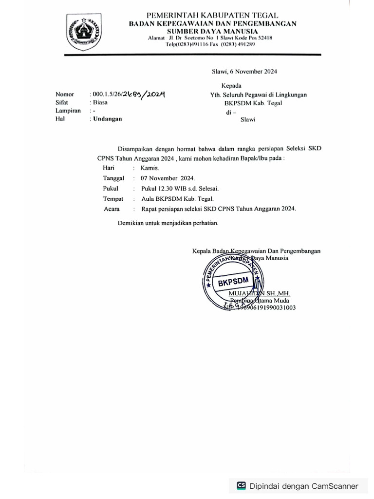 Surat Undangan Persiapan SKD CPNS | PDF