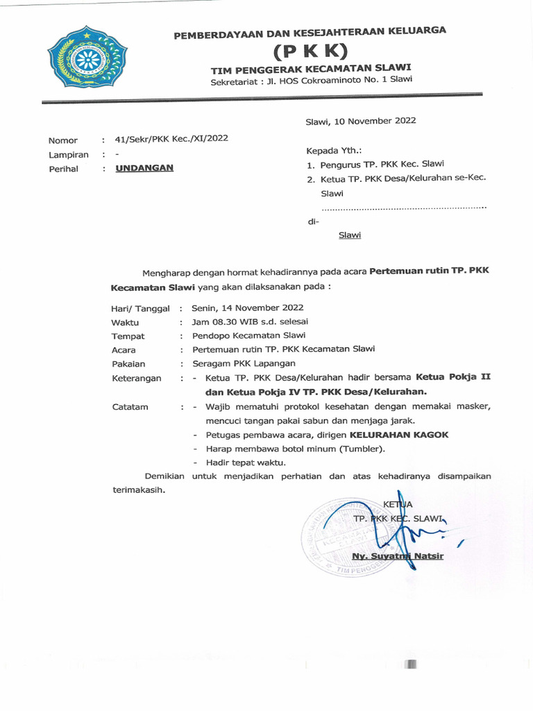 Undangan Pertemuan Rutin PKK November 2022 | PDF