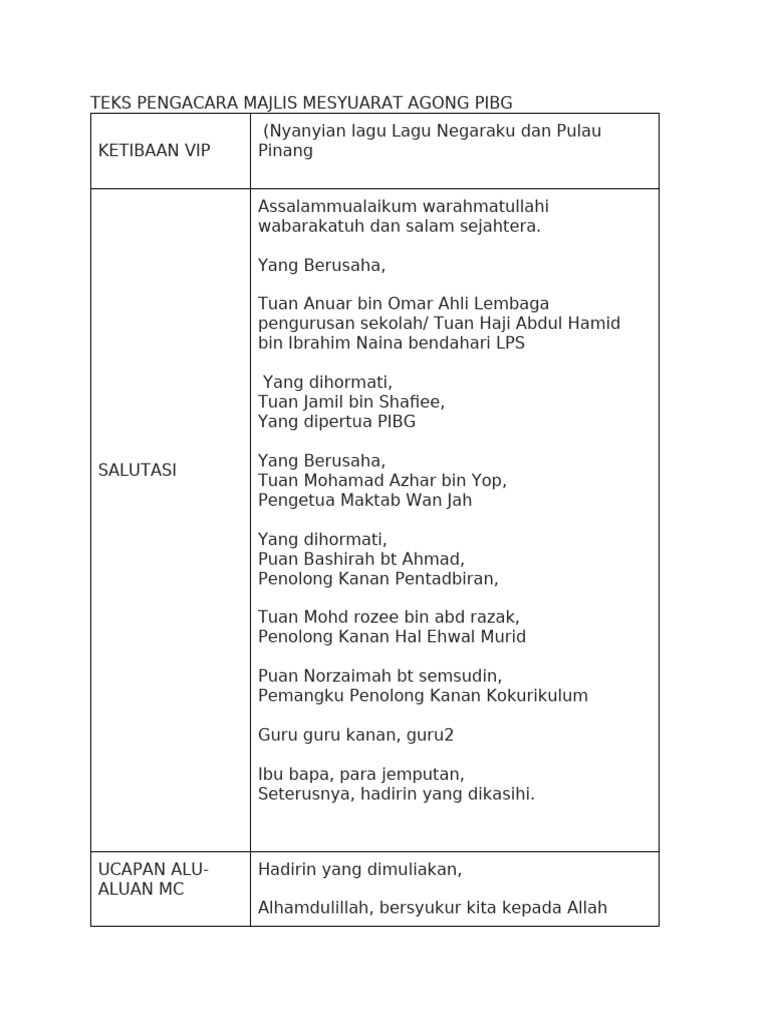 Teks Pengacara Majlis Mesyuarat Agong Pibg | PDF
