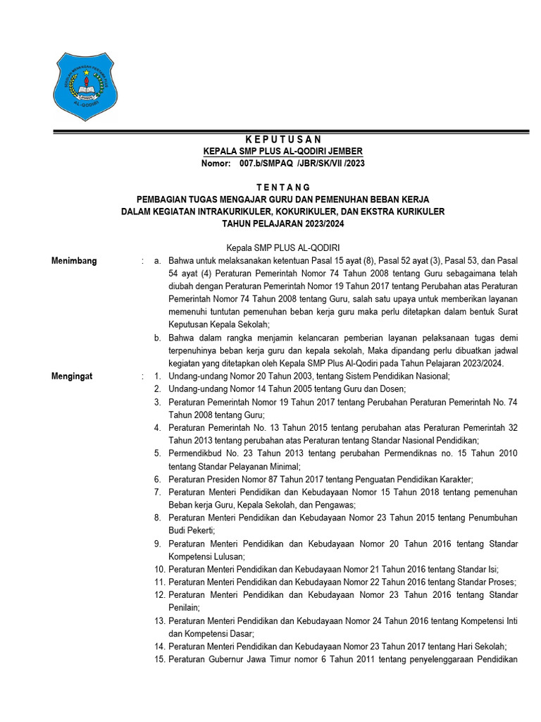 SK Pembagian Tugas Mengajar 2023 | PDF