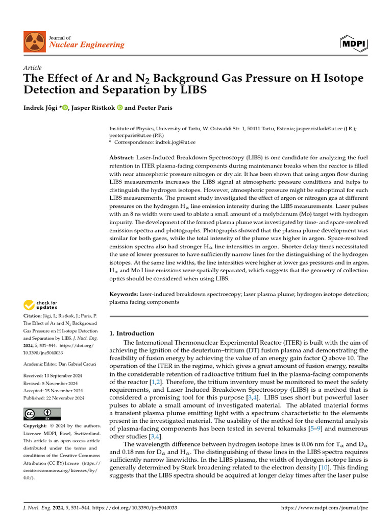 The Effect of Ar and N2 Background Gas Pressure On H Isotope Detection and Separation by LIBS ...