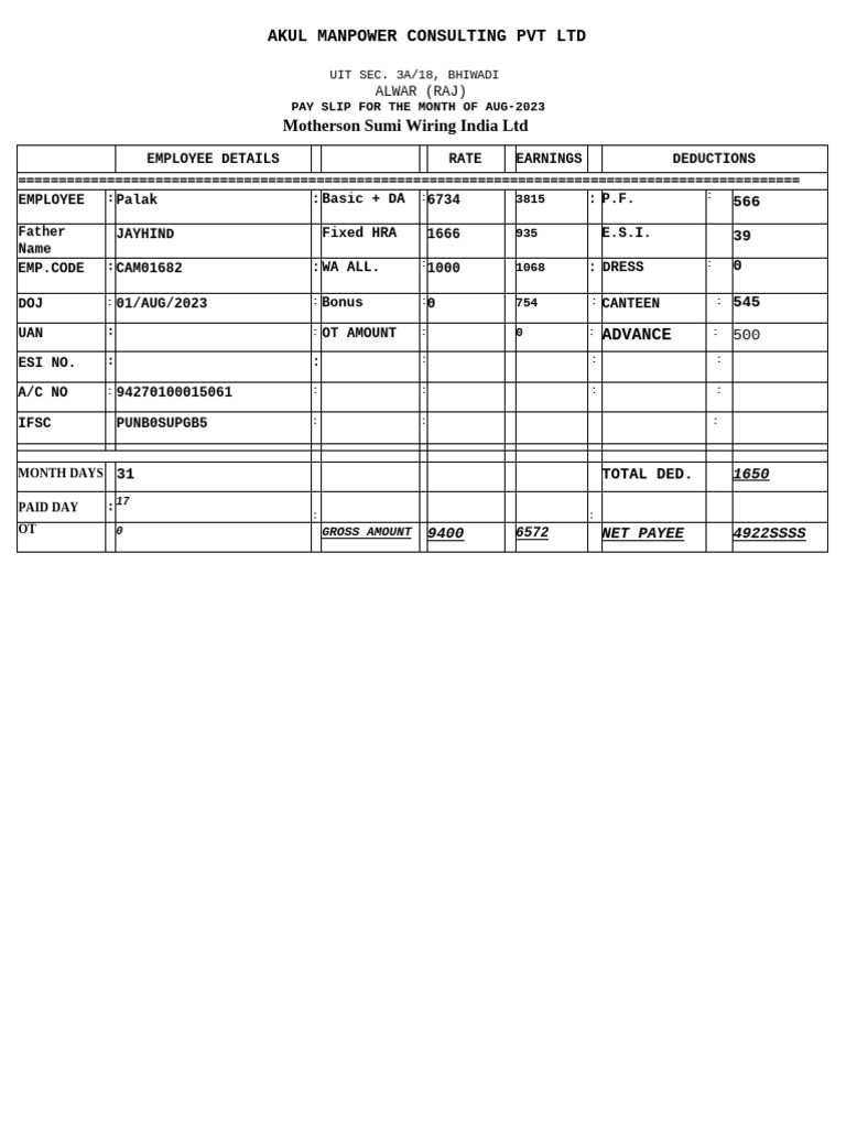 Motherson Payslip Sep'23-2 | PDF