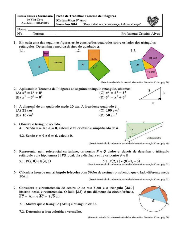Ficha de Trabalho: Teorema de Pitágoras | PDF | Triângulo | Círculo