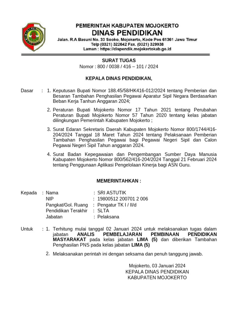 Contoh Surat Tugas TPP | PDF