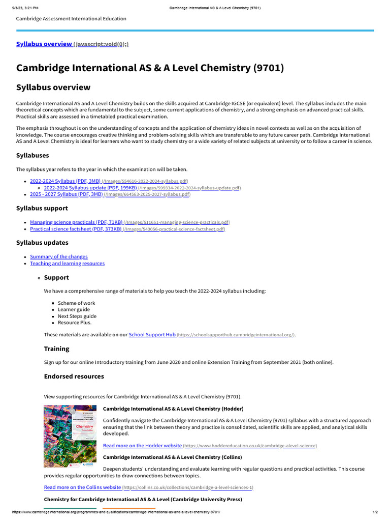 Cambridge 9701 Chemistry Syllabus 2025-2027 | PDF | Learning | Teachers