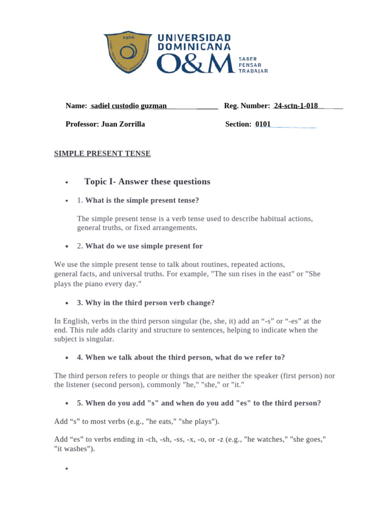 Simple Present, Tercera Practica Nivel 1 0&M | PDF | Grammatical Tense ...