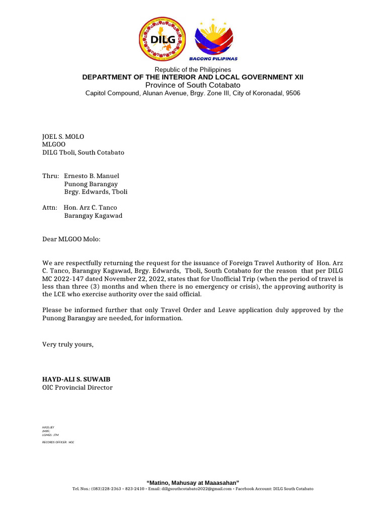 Letter Re Returned Request For FTA of Hon Arz C Tanco Brgy Kagawad of ...