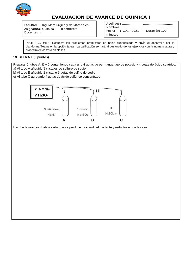 Evaluacion de Avance N°1 - 2do Cons. | PDF | Redox | Cobre