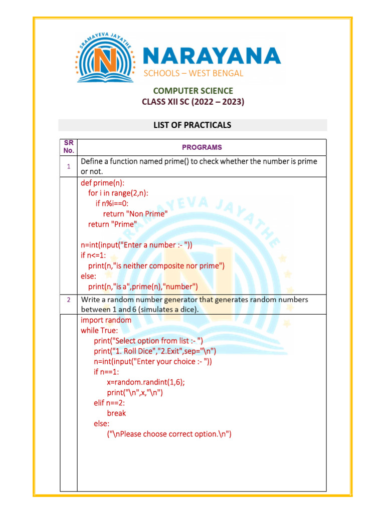 List of Cs Practicals Class 12 2022-23 | PDF | Sql | Computing