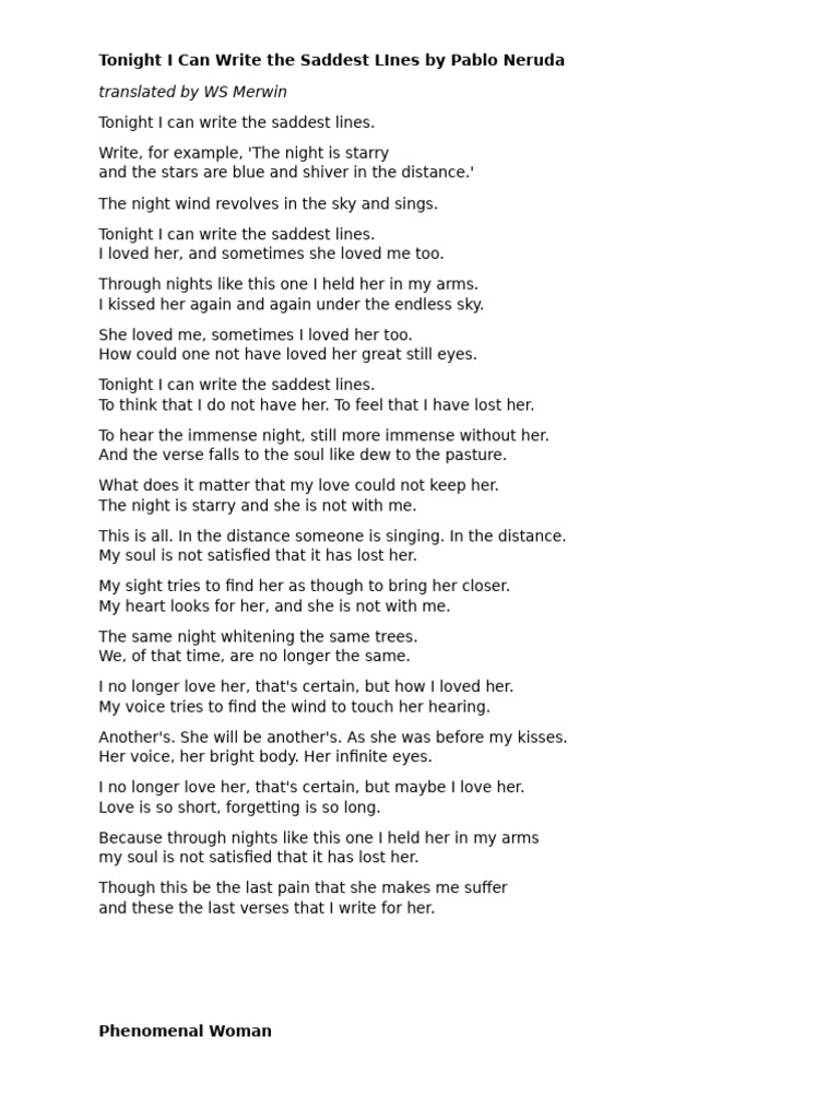 Tonight I Can Write by Pablo Neruda | PDF