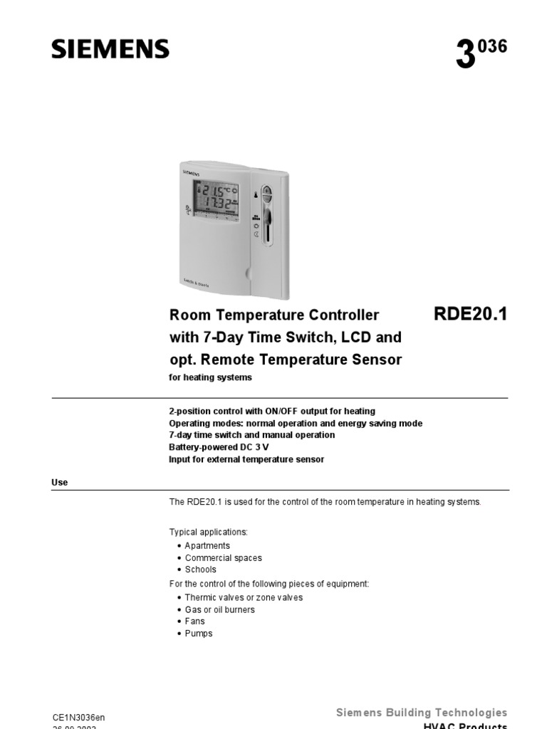Siemens RDE20.1 Room Temp Controller | PDF | Hvac | Switch