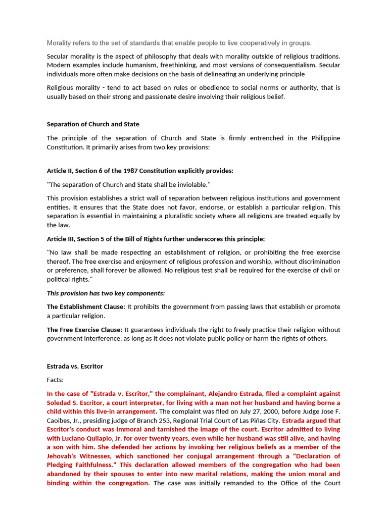 Notes No. 2 | PDF | Separation Of Church And State | Free Exercise Clause