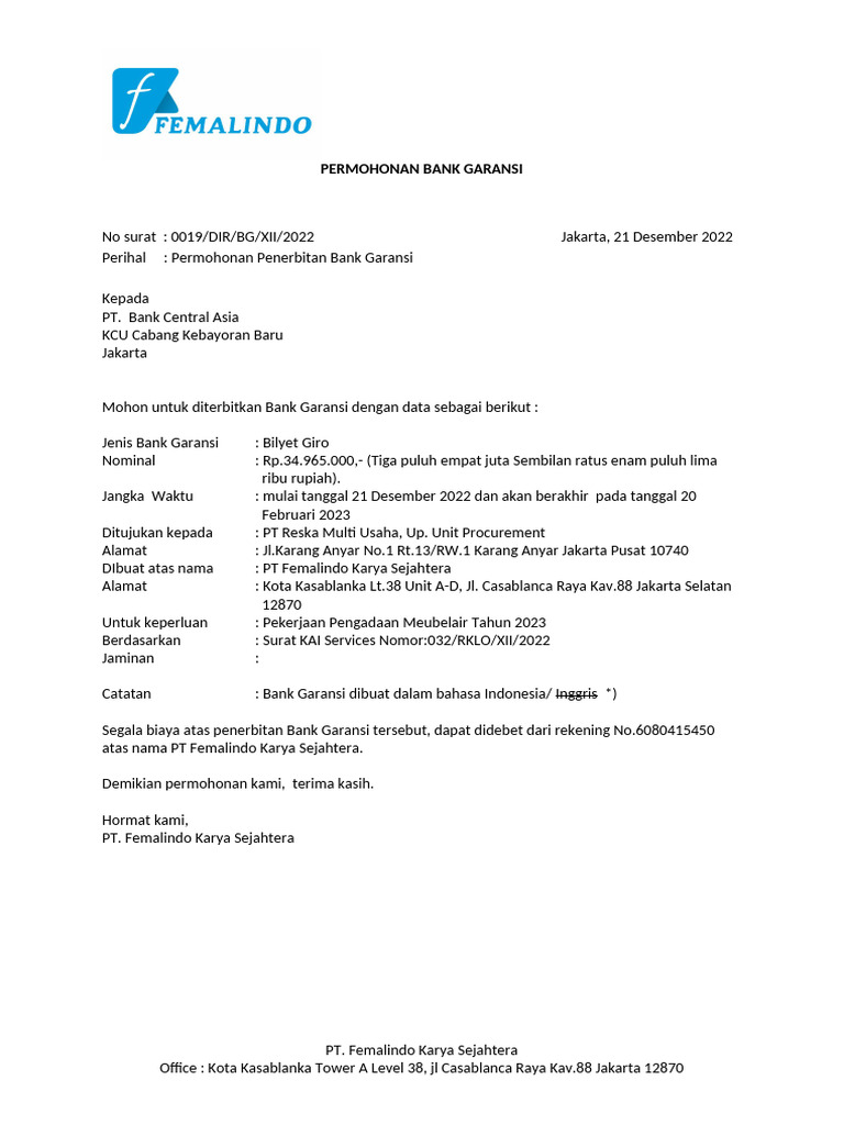 Surat Permohonan Bank Garansi 21 Des 2022 | PDF