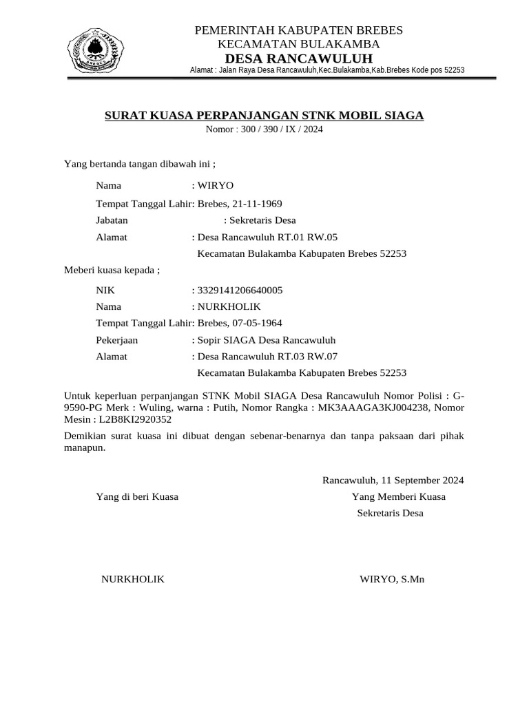 Surat Kuasa Perpanjangan STNK Mobil Siaga | PDF