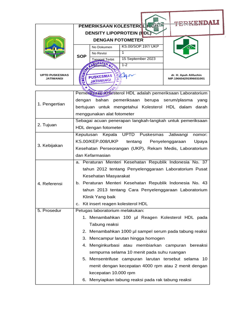 Sop Pemeriksaan Kolesterol HDL Dengan Fotometer | PDF