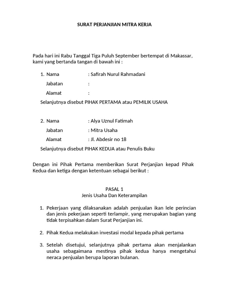 Surat Perjanjian Mitra Kerja | PDF