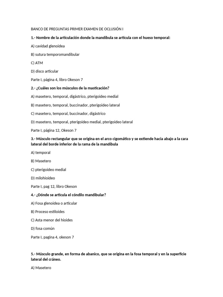 Banco de Preguntas Primer Examen de Oclusión I | PDF | Articulación | Sistema musculoesquelético