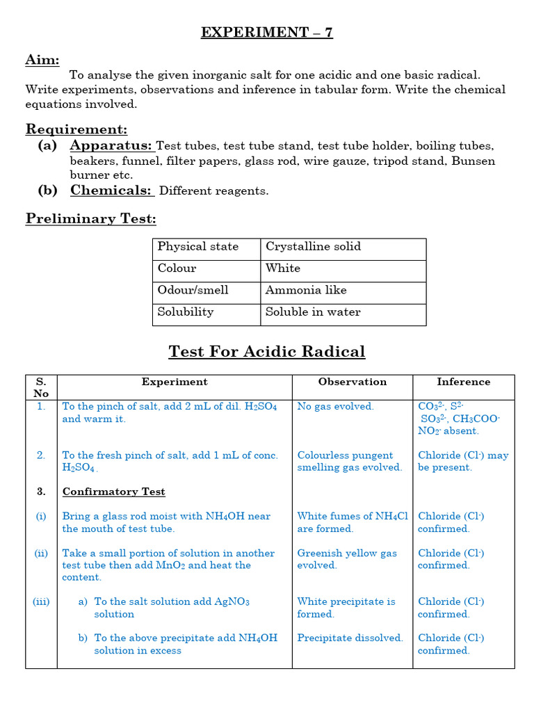 Salt Analysis Chemistry Practicals (Exp 7 - 12) | PDF | Salt (Chemistry ...