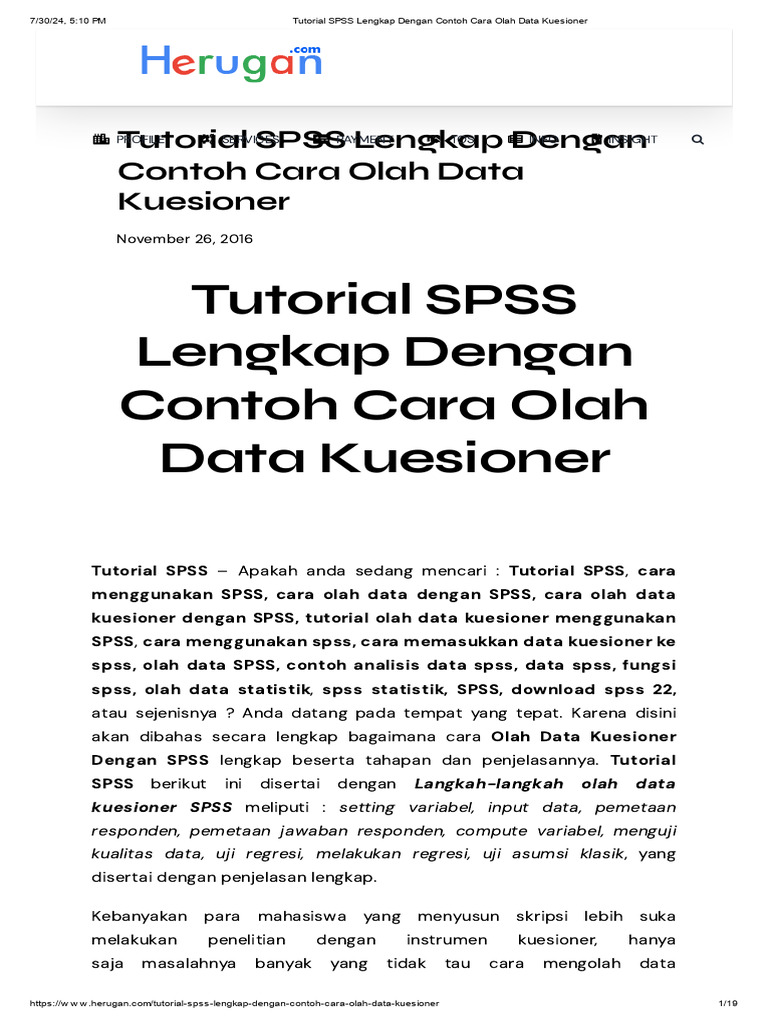 Tutorial SPSS Lengkap Dengan Contoh Cara Olah Data Kuesioner | PDF