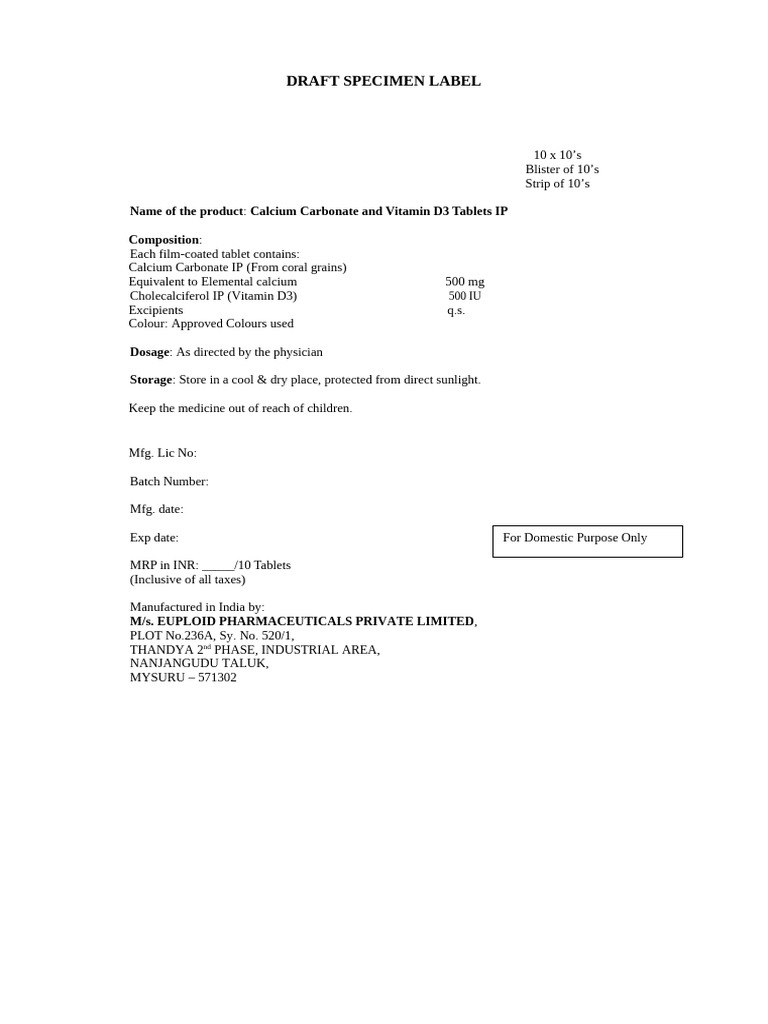 Specimen Label Calcium Carbonate and Vit D3 | PDF