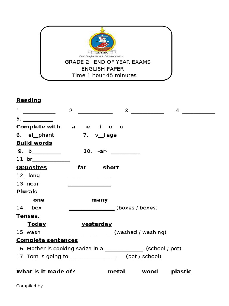 Grade 2 End of Year English Paper 2022-1 | PDF