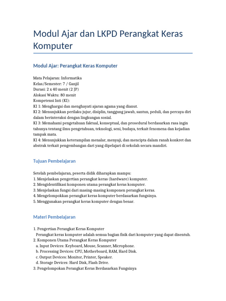 Modul Ajar Dan LKPD Perangkat Keras Komputer | PDF