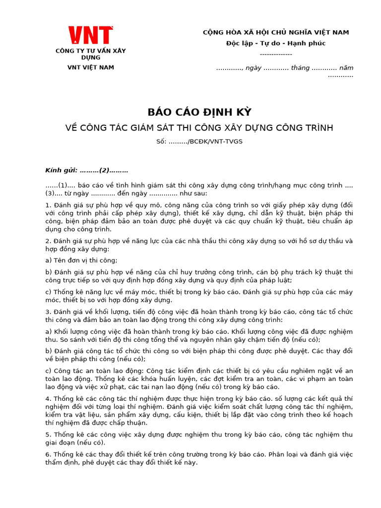 VNT - QLCL - 08A - Bao Cao Dinh Ky Cua TVGS Theo TT 04-2019 | PDF