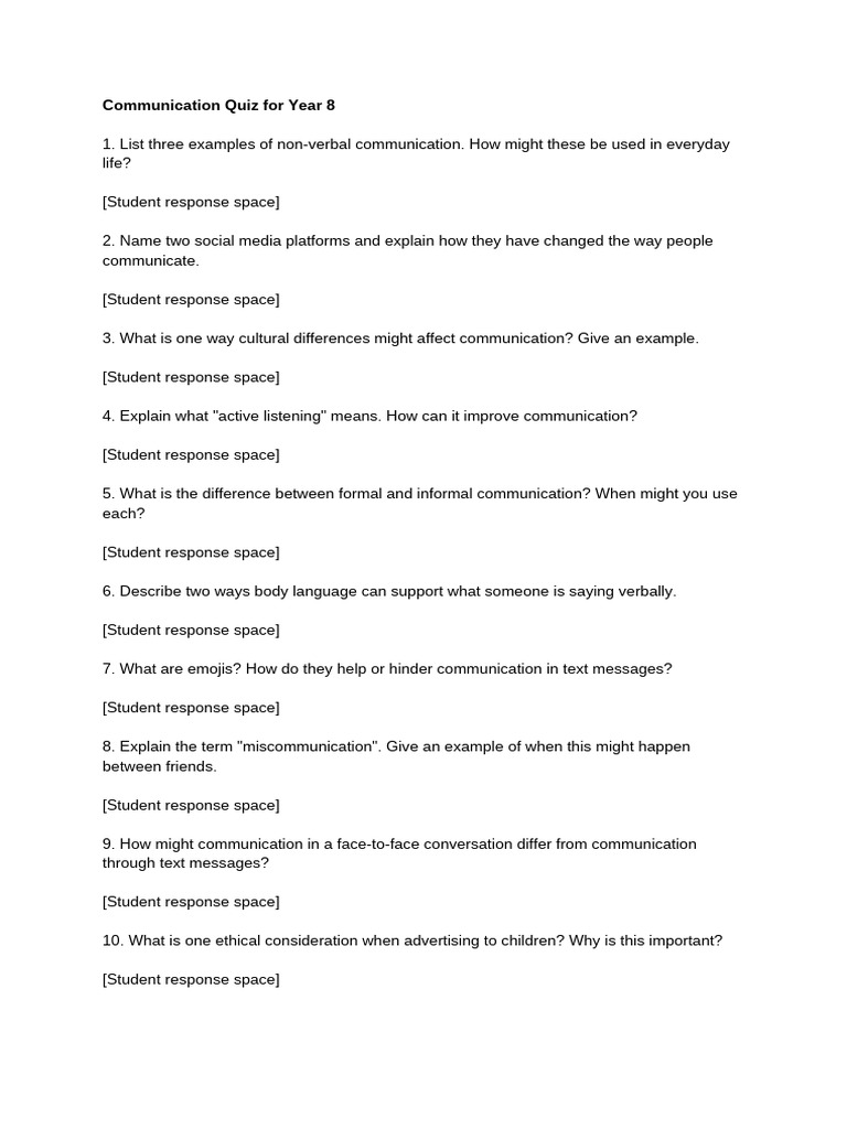 Communication Quiz For Year 8 | PDF