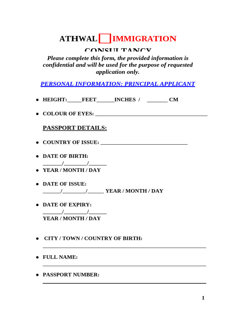 A.I.C - CLIENT INTAKE FORM- PRINCIPAL APPLICANT | PDF | Travel Visa ...