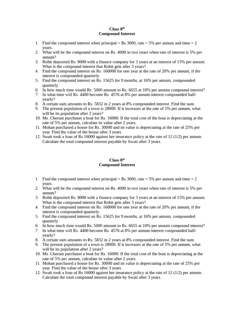 Class 8th - Docx (Compound Interest) | PDF | Compound Interest | Interest