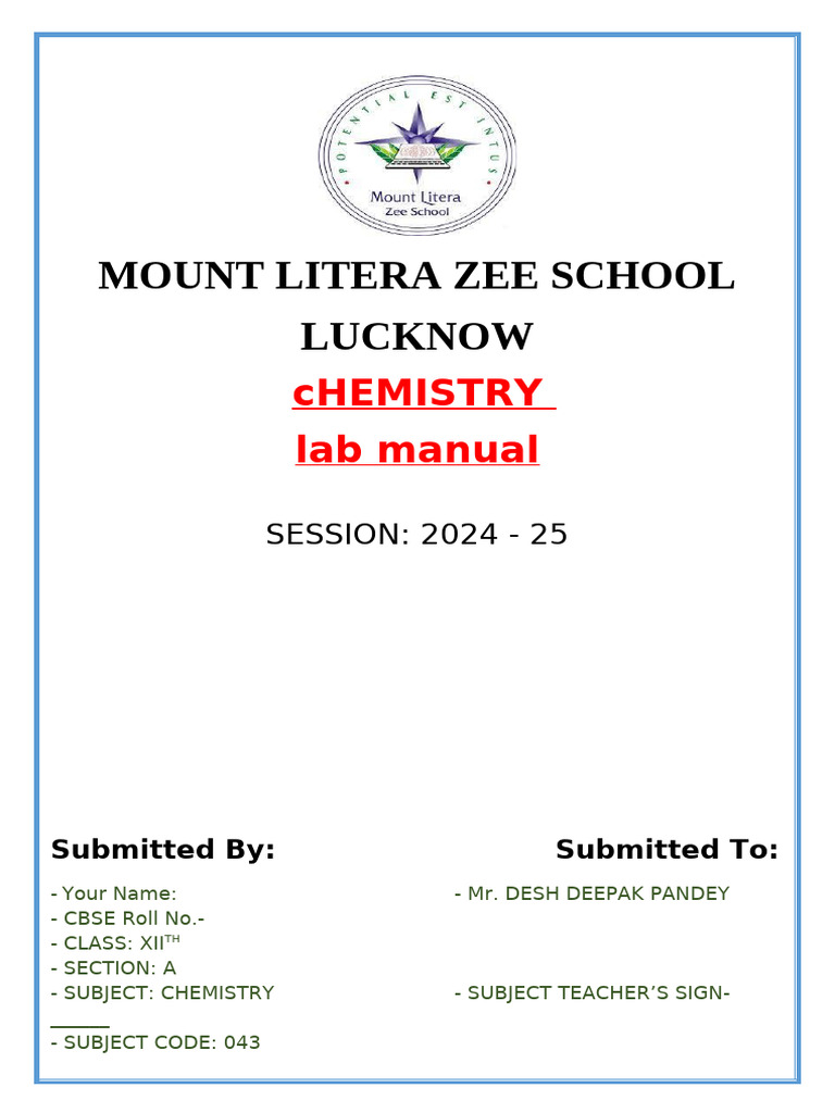 CHEMISTRY LAB MANUAL Front Page | PDF