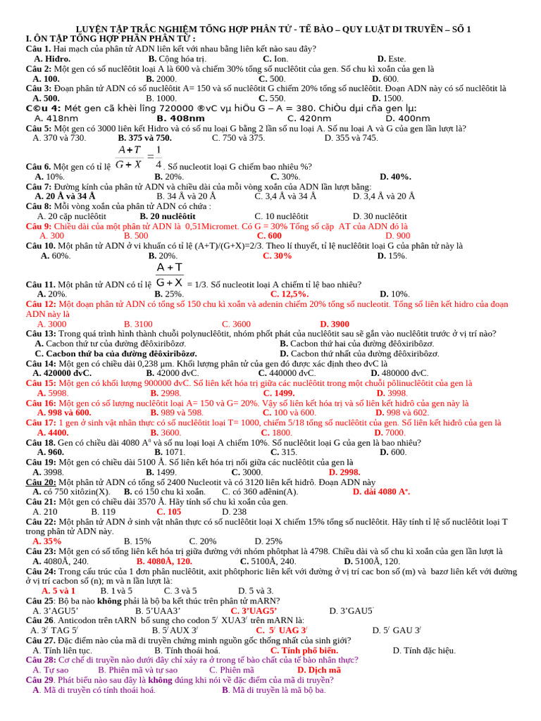 Trắc Nghiệm Ôn Tập Phân Tử Tế Bào QLDT Ôn Thi Giữa Kì I Khối 12. Năm Học 2023 2024 Chính Khóa | PDF