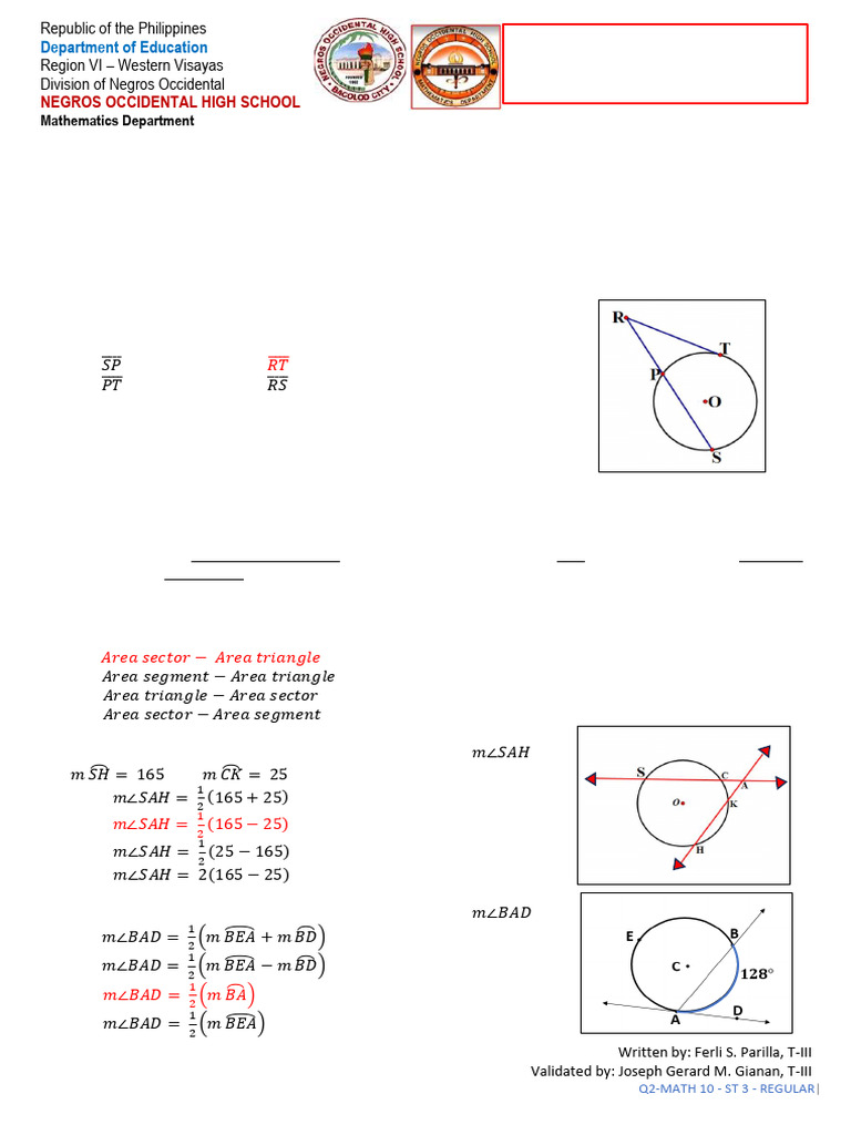 Math 10 Q2 Summative Test 3 Guide | PDF | Area | Tangent