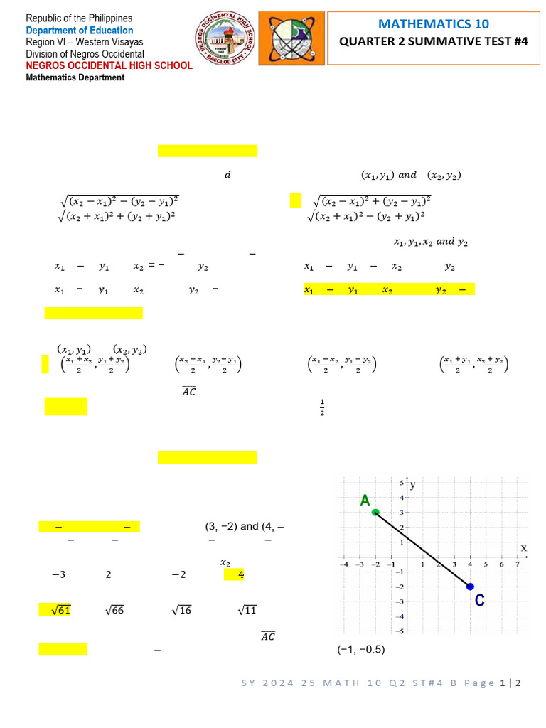 Math 10 Q2 Summative Test on Distance | PDF | Euclidean Geometry ...