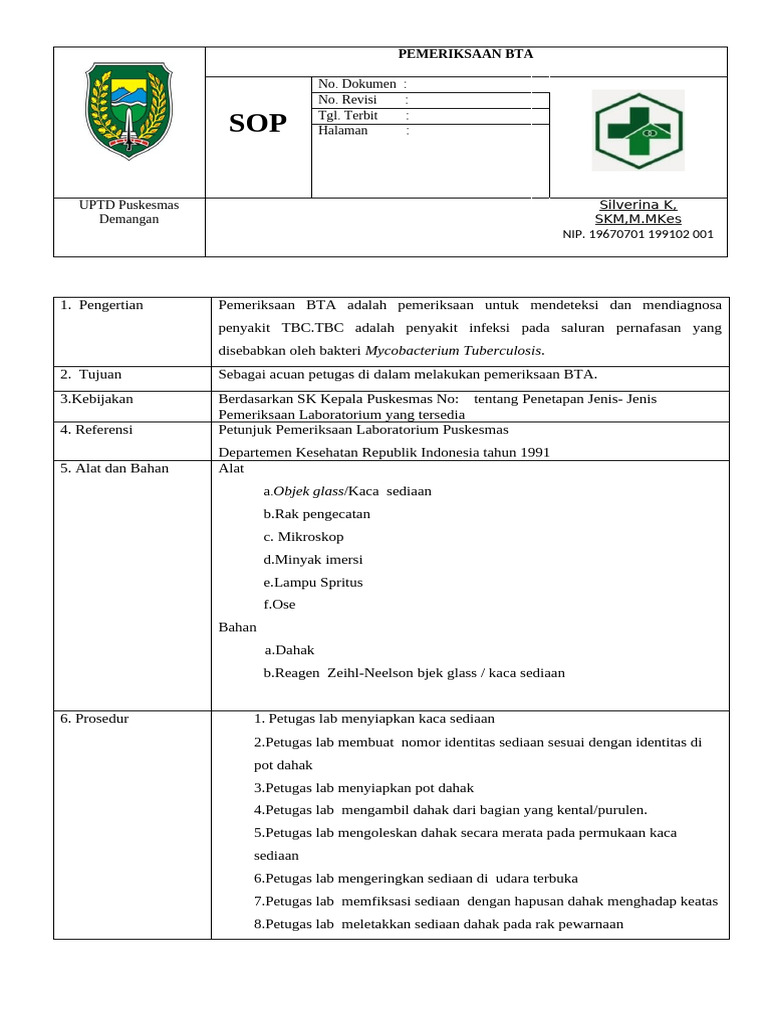 Prosedur Pemeriksaan BTA TBC di Puskesmas | PDF