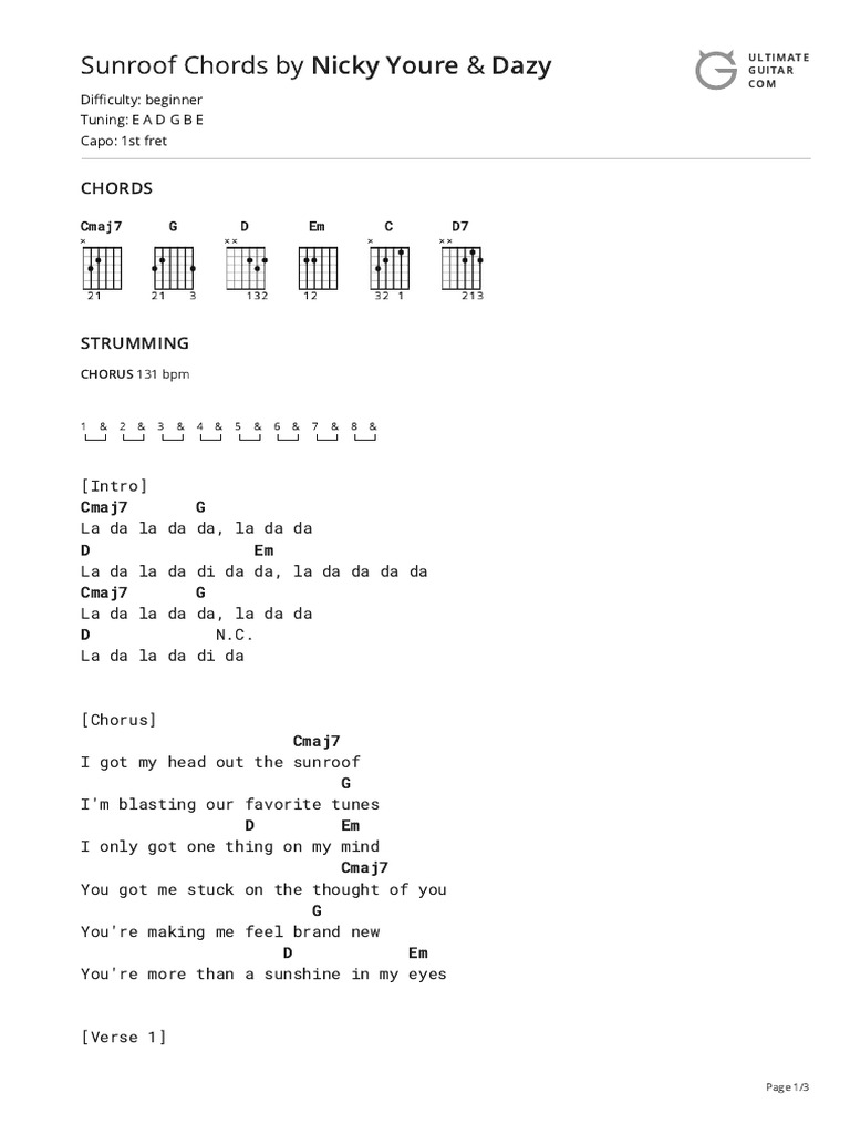 Sunroof Chords by Nicky Youretabs at Ultimate Guitar Archive | PDF ...