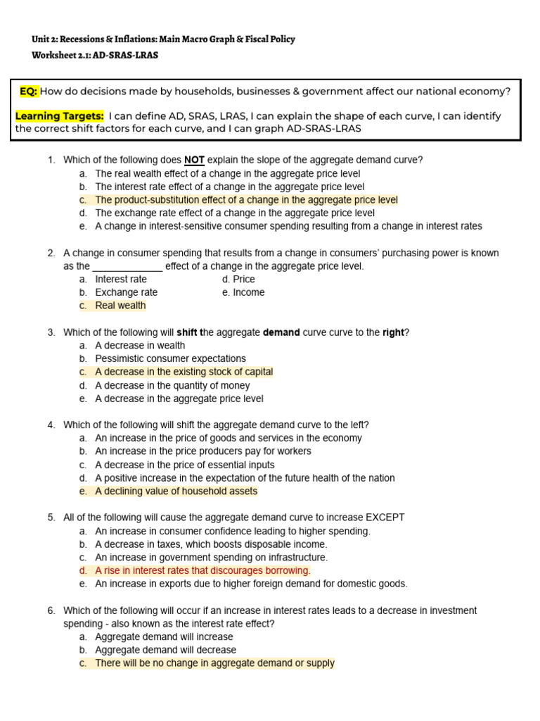 2.1 AD - SRAcdcscdS Worksheet - AK | PDF | Aggregate Demand | Supply ...