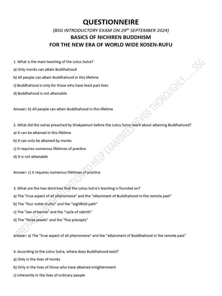 Questionnaires Examination Book 2024 | PDF | Lotus Sutra | Nichiren