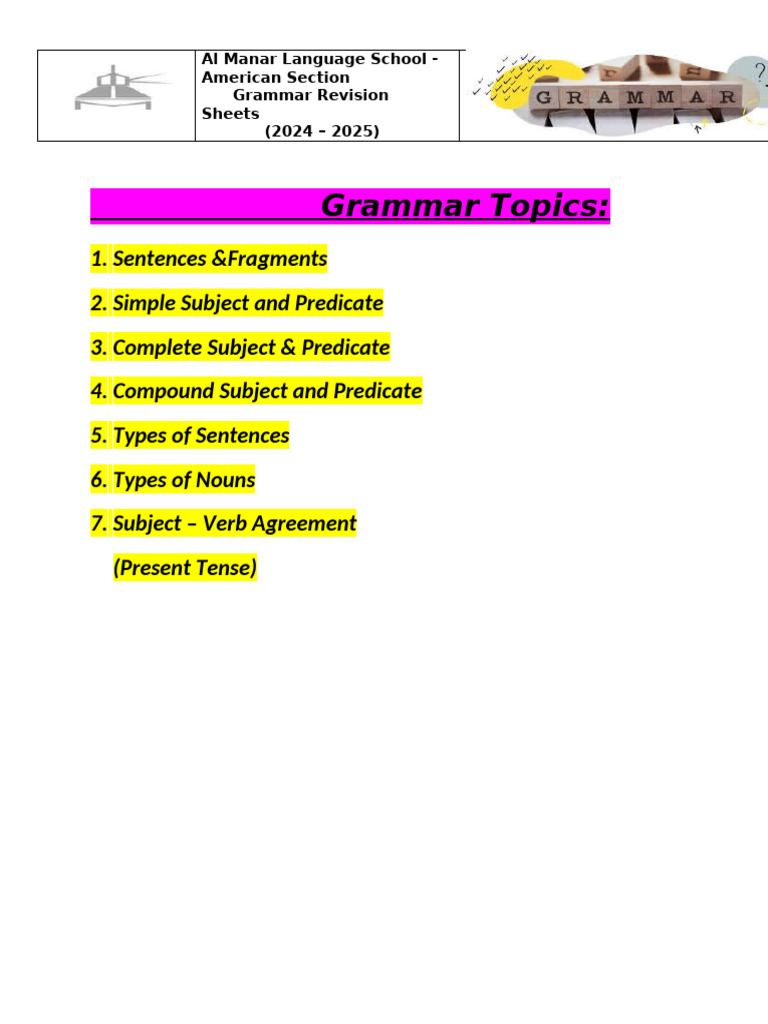 Model Answers Grammar Revision Sheets G7 Q1 | PDF | Subject (Grammar) | Noun